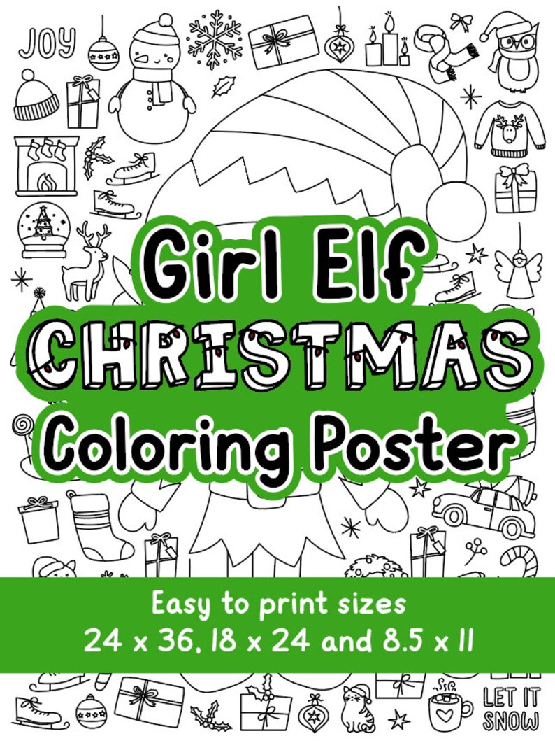 JUMBO Christmas Coloring Poster, GIRL Elf Coloring Page, Doodle ...