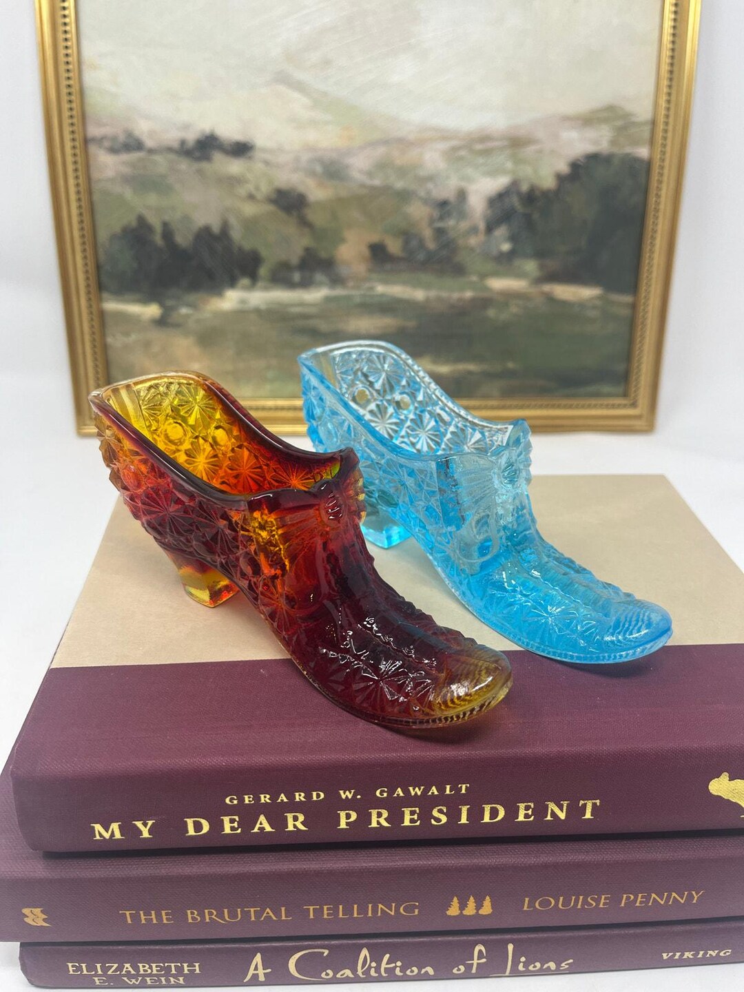 Vintage Lot of 2 Boyd Art Glass Slippers Shoe Daisy and Button Aqua and ...