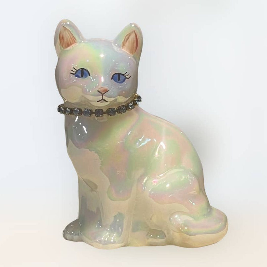 Vintage Opalescent Fenton Hand Painted Cat With Blue Rhinestone Collar ...