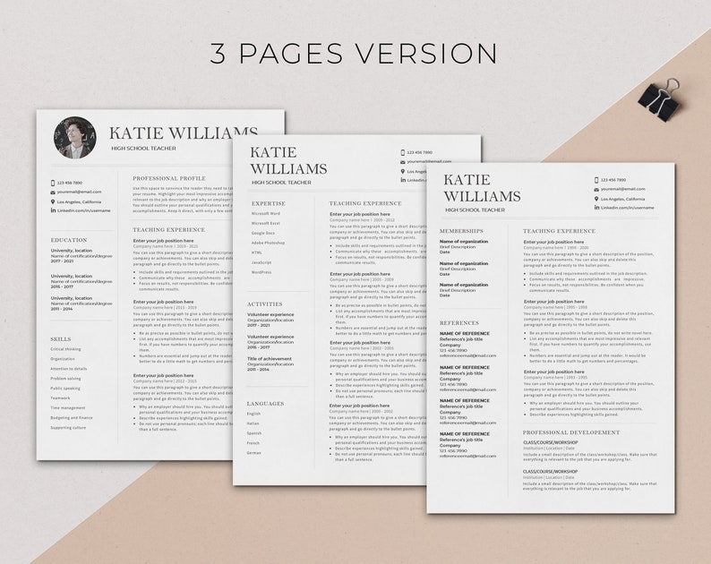 Teacher Resume Template for Word, Cv Template With Photo 1, 2, 3 Pages ...