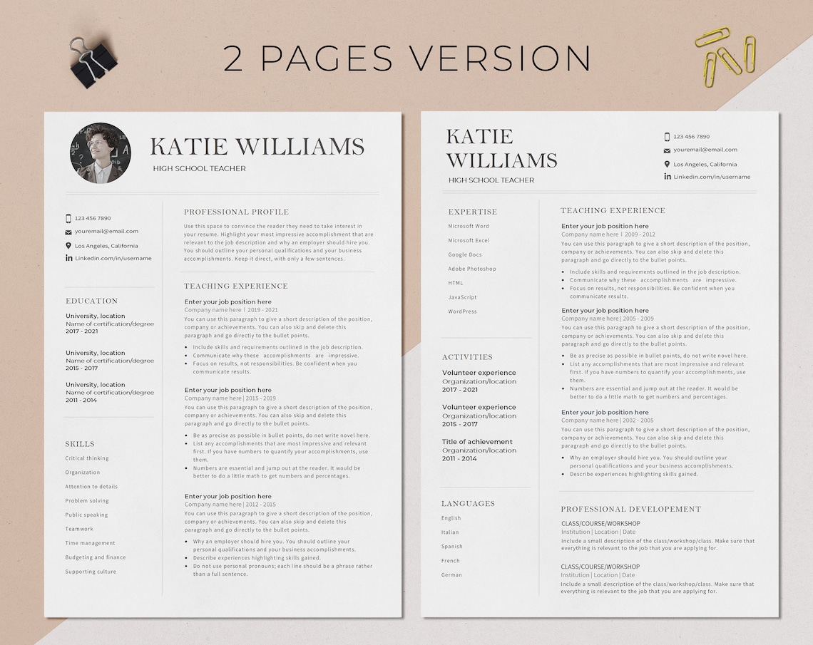 Teacher Resume Template for Word Cv Template With Photo 1 2 - Etsy