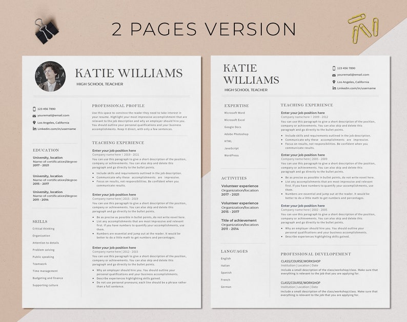 Teacher Resume Template for Word, Cv Template With Photo 1, 2, 3 Pages ...