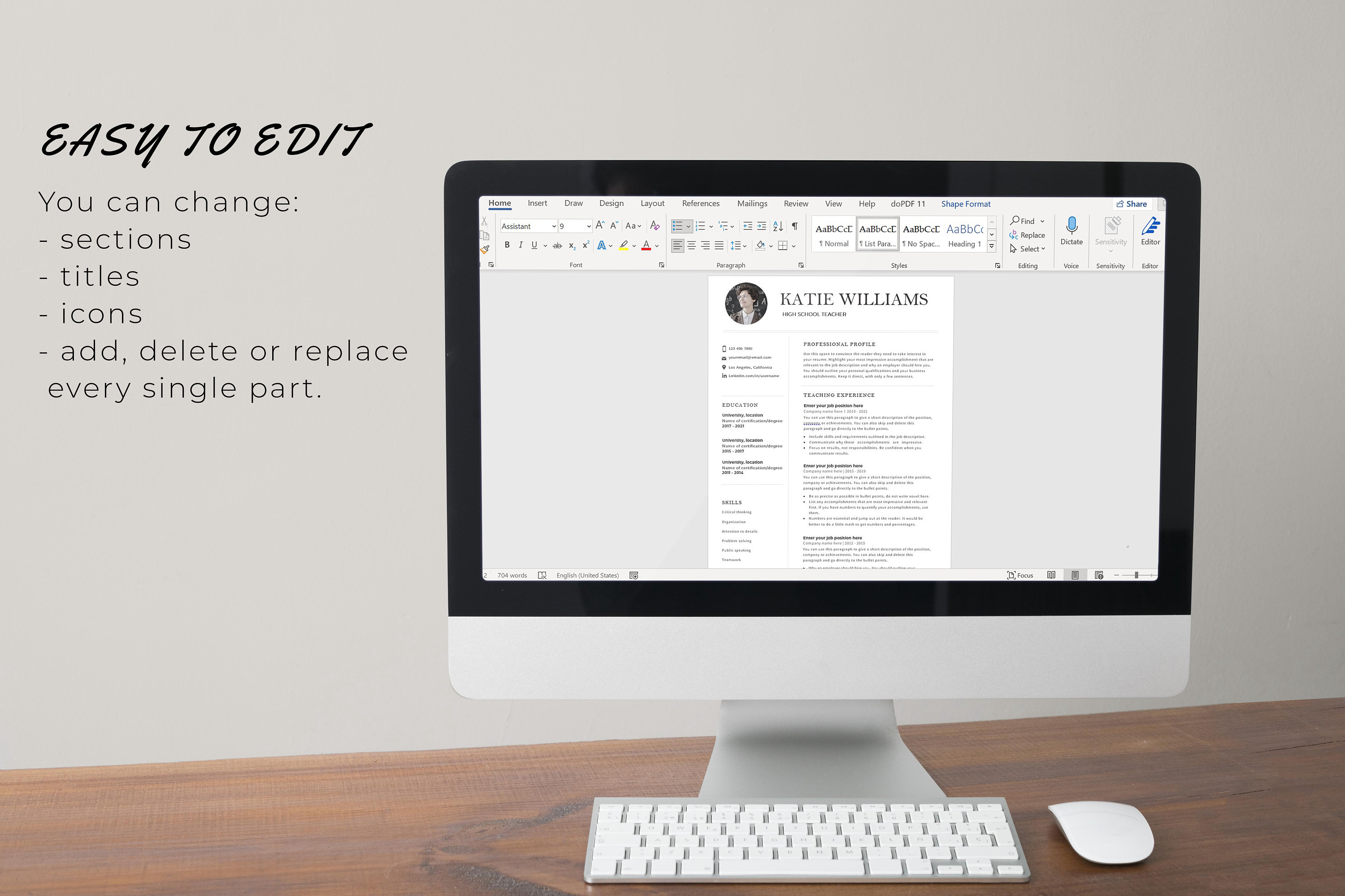Teacher Resume Template for Word, Cv Template With Photo 1, 2, 3 Pages ...