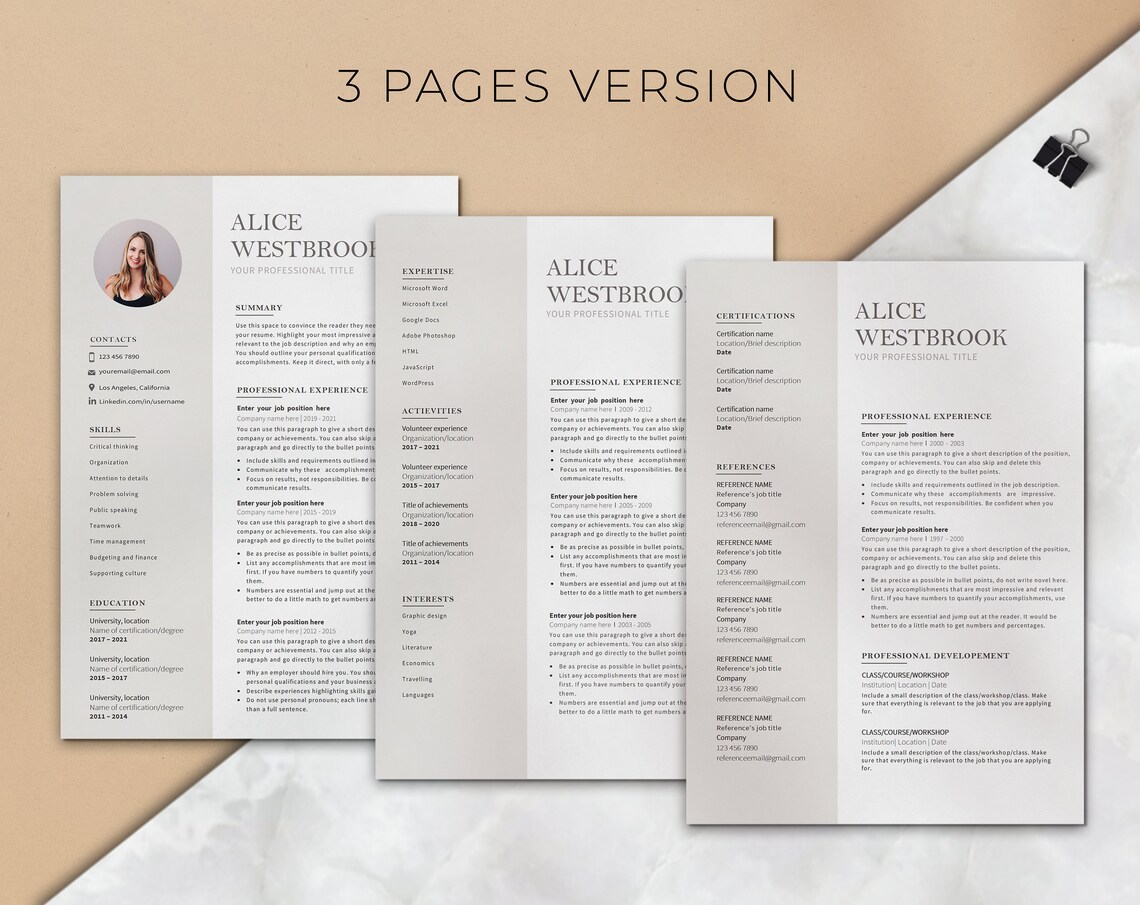 Resume Template for Word, Cv Template Professional 3 Pages Cover Letter ...