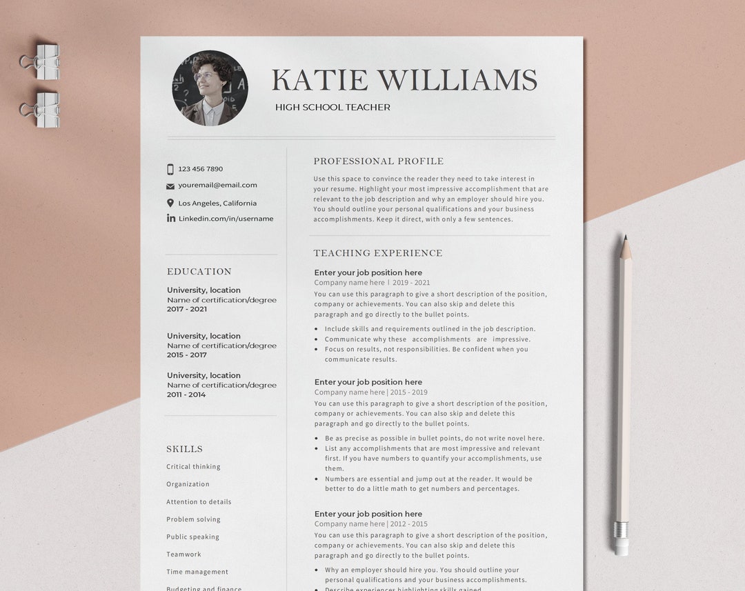Teacher Resume Template for Word, Cv Template With Photo 1, 2, 3 Pages ...