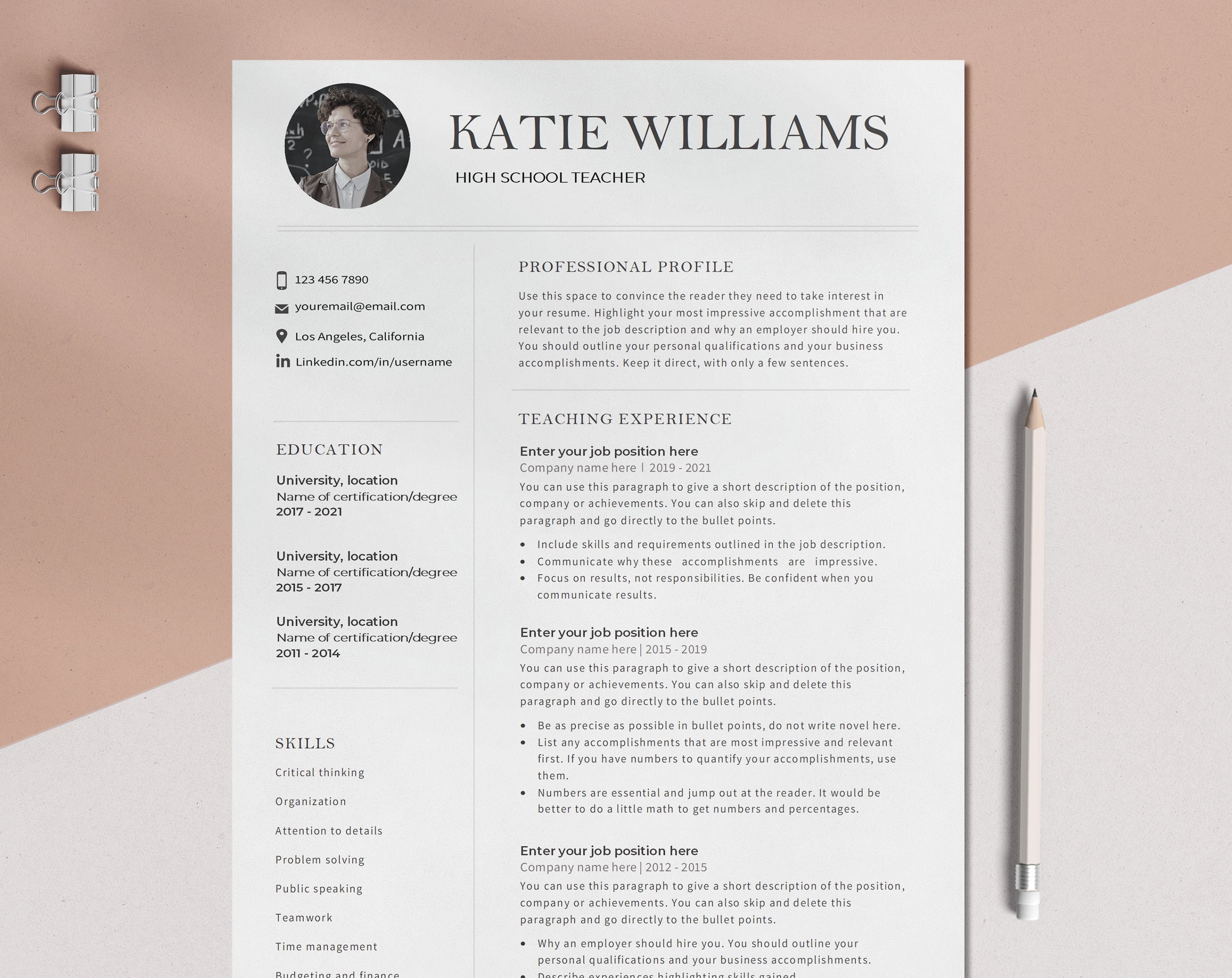 Teacher Resume Template for Word, Cv Template With Photo 1, 2, 3 Pages ...