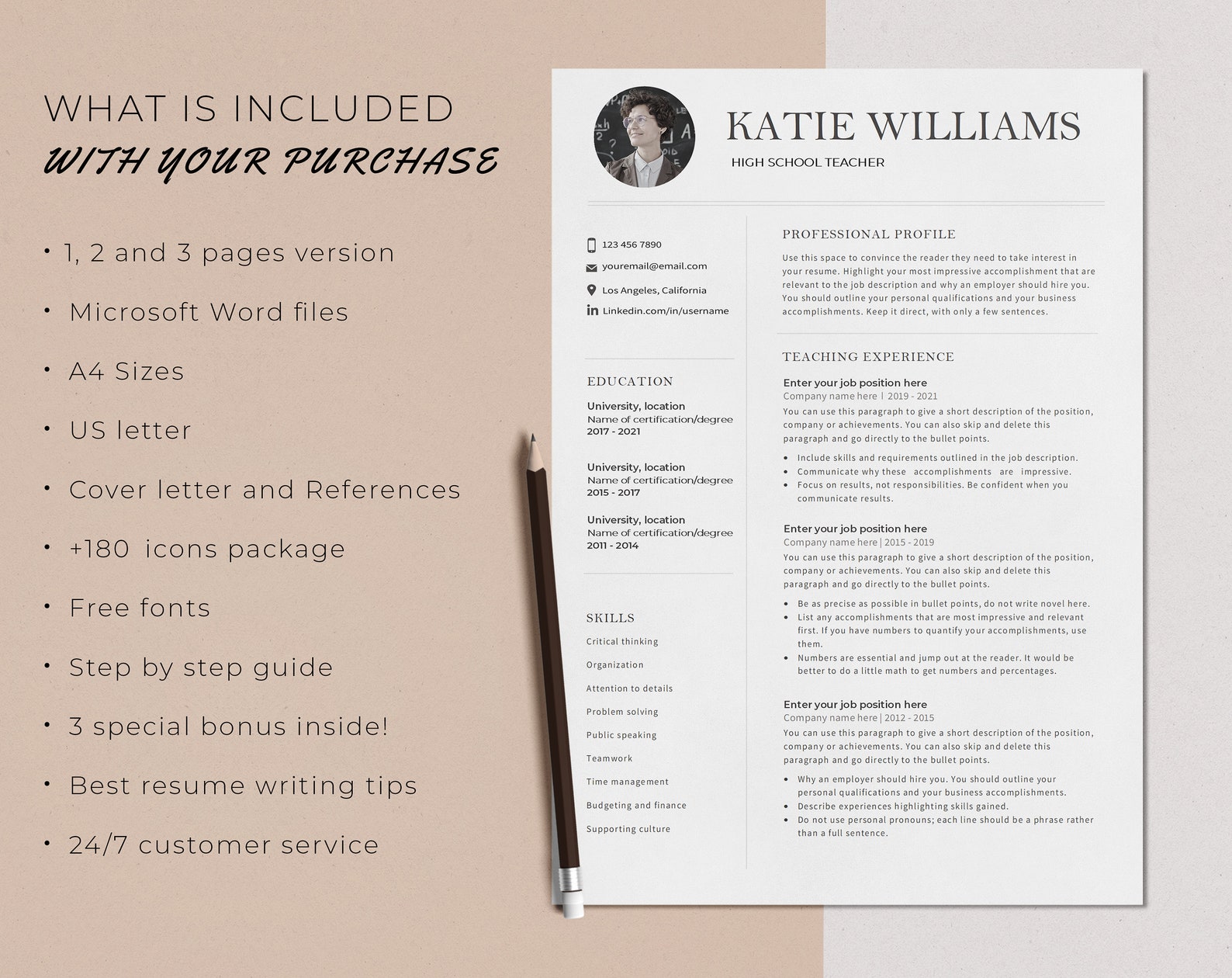 Teacher Resume Template for Word, Cv Template With Photo 1, 2, 3 Pages ...