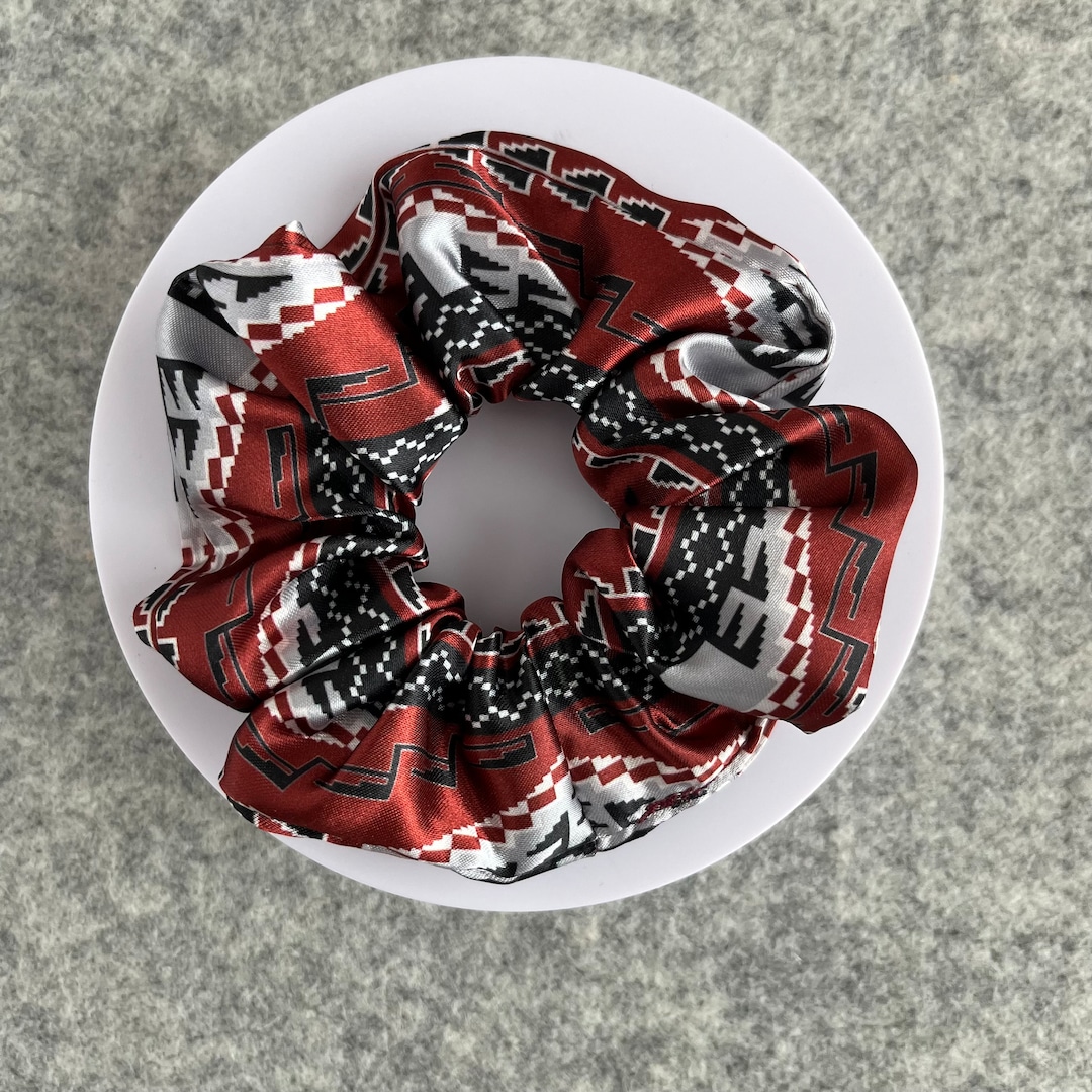 Red Navajo Rug Pattern Scrunchie in Lightweight Satin Gray Background ...