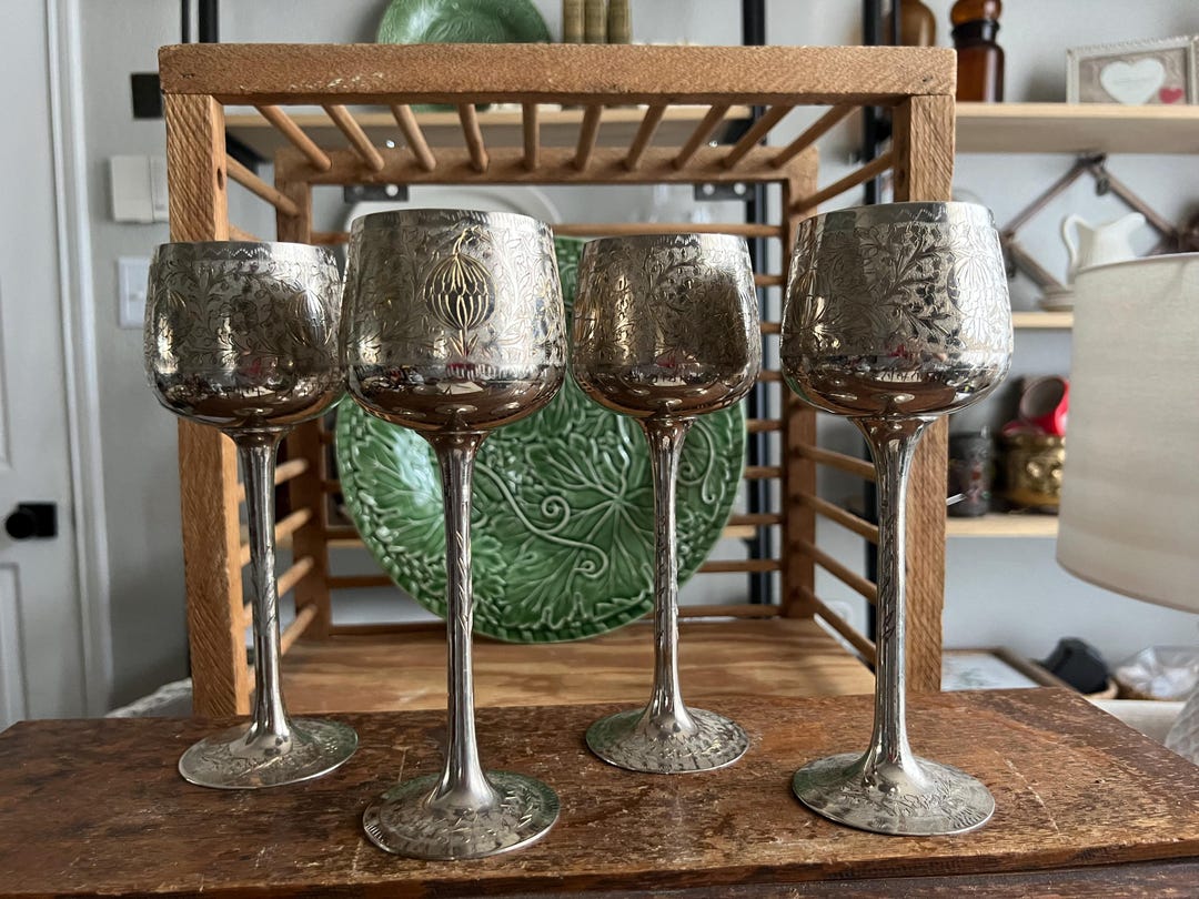 Etched Silver Plate Goblets Set of 4 - Etsy