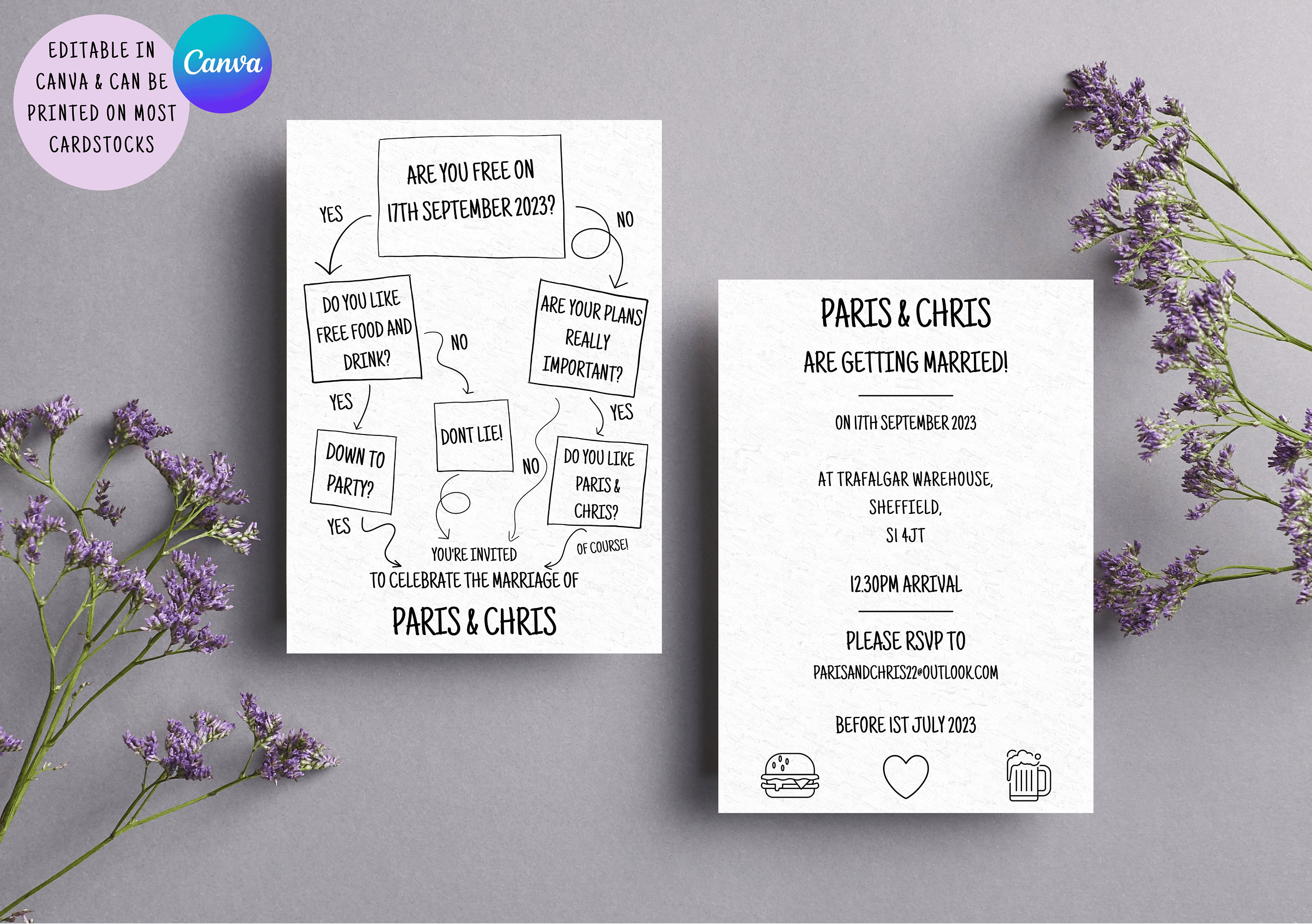 Flowchart Wedding Invitation Set RSVP Menu & Details A5 Canva Template ...