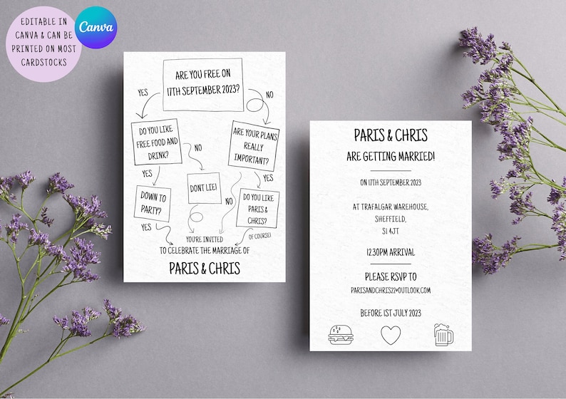 Flowchart Minimalist Wedding Invitation A5 Canva Template | Editable ...
