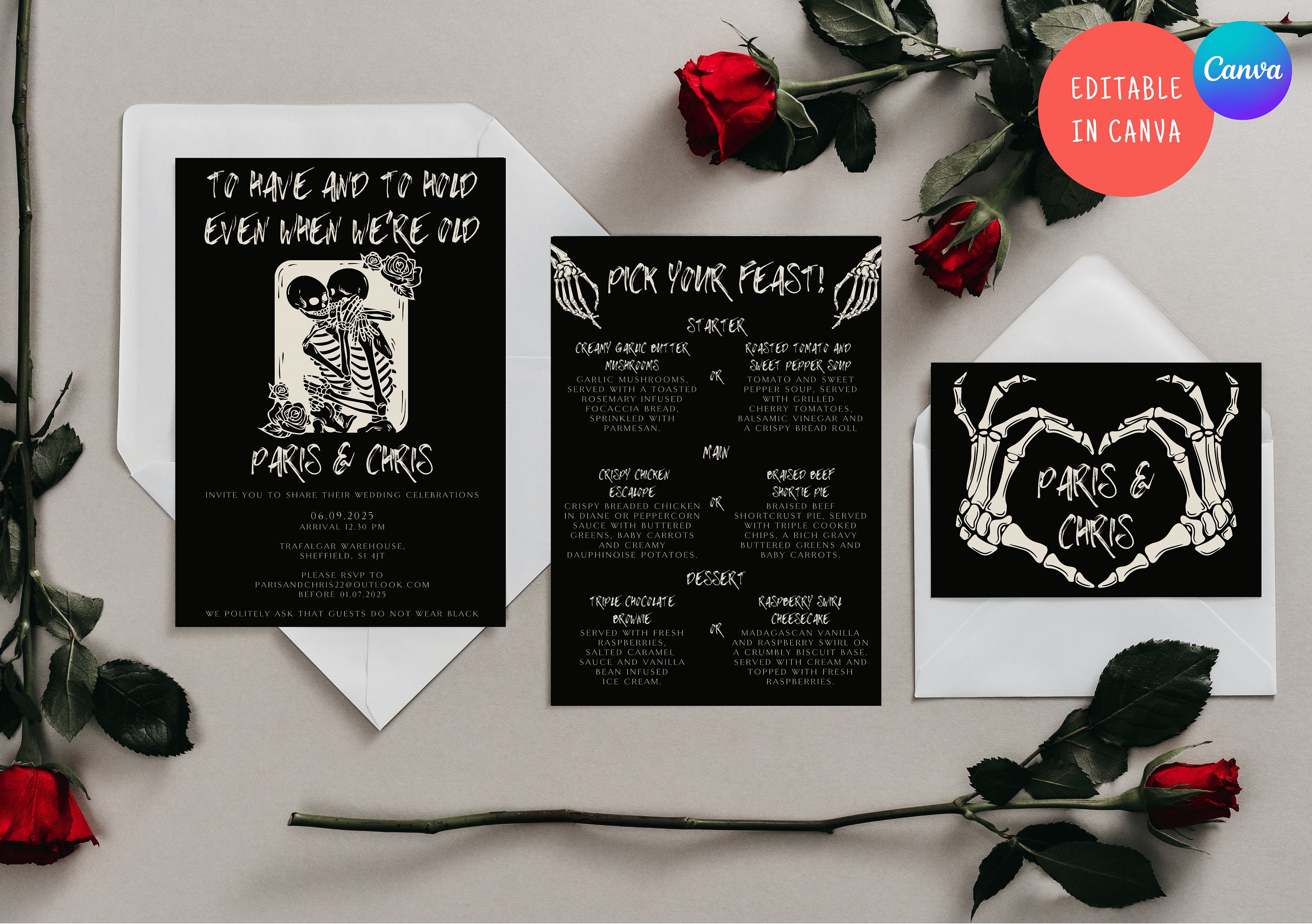 Gothic Wedding Invitation Set + RSVP, Menu, Save the Date & Details A5 ...