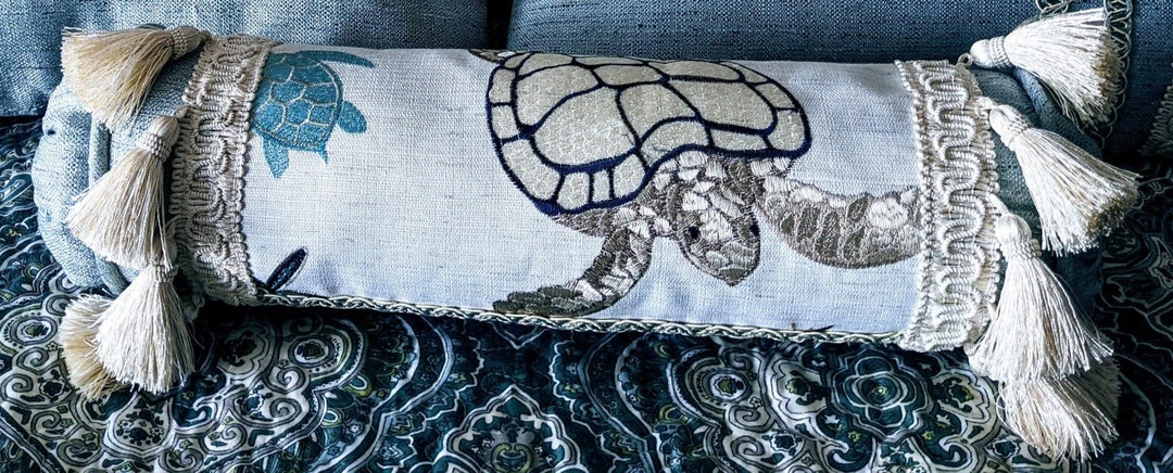 Pillow Neckroll Bolster Turtles Ocean Coastal Beach Style Tassel Trim ...