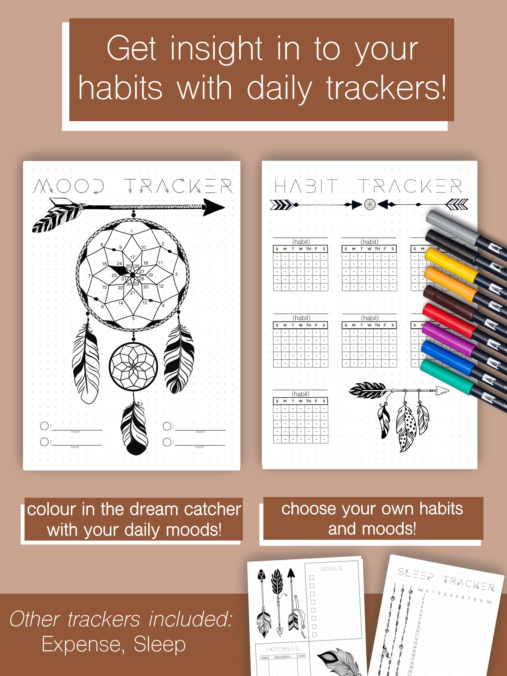 Bullet Point Journal Set, Boho Theme With Dream Catchers Feathers ...