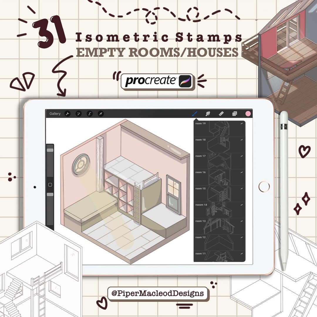 Isometric Procreate Stamps, Empty Room & House Theme, Procreate Brushes ...