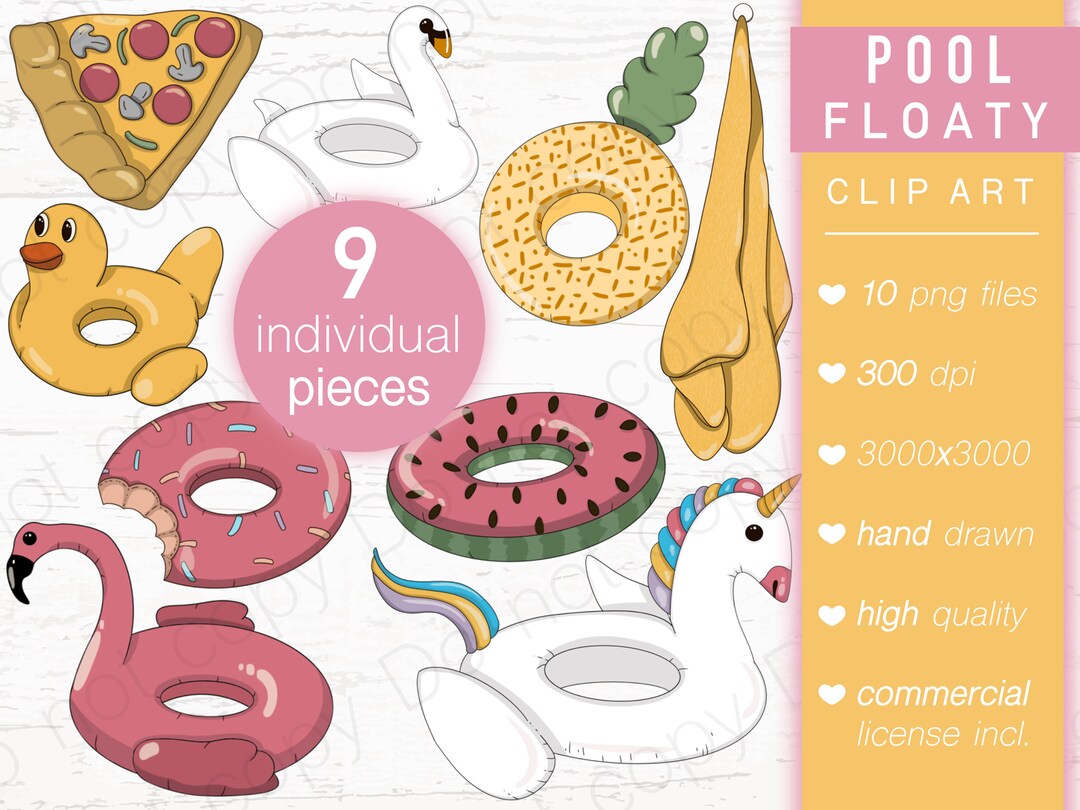 Summer Clip Art Bundle, Hand Drawn Floaty Clipart, Pool Floaty Art, Inflatable Pool Toys ...