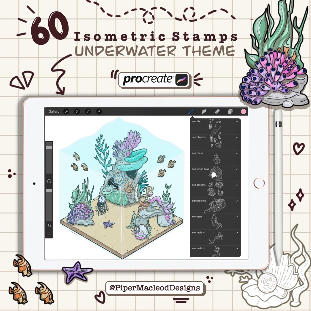 Isometric Procreate Stamps, Underwater Theme, Fish Tank Brushes ...