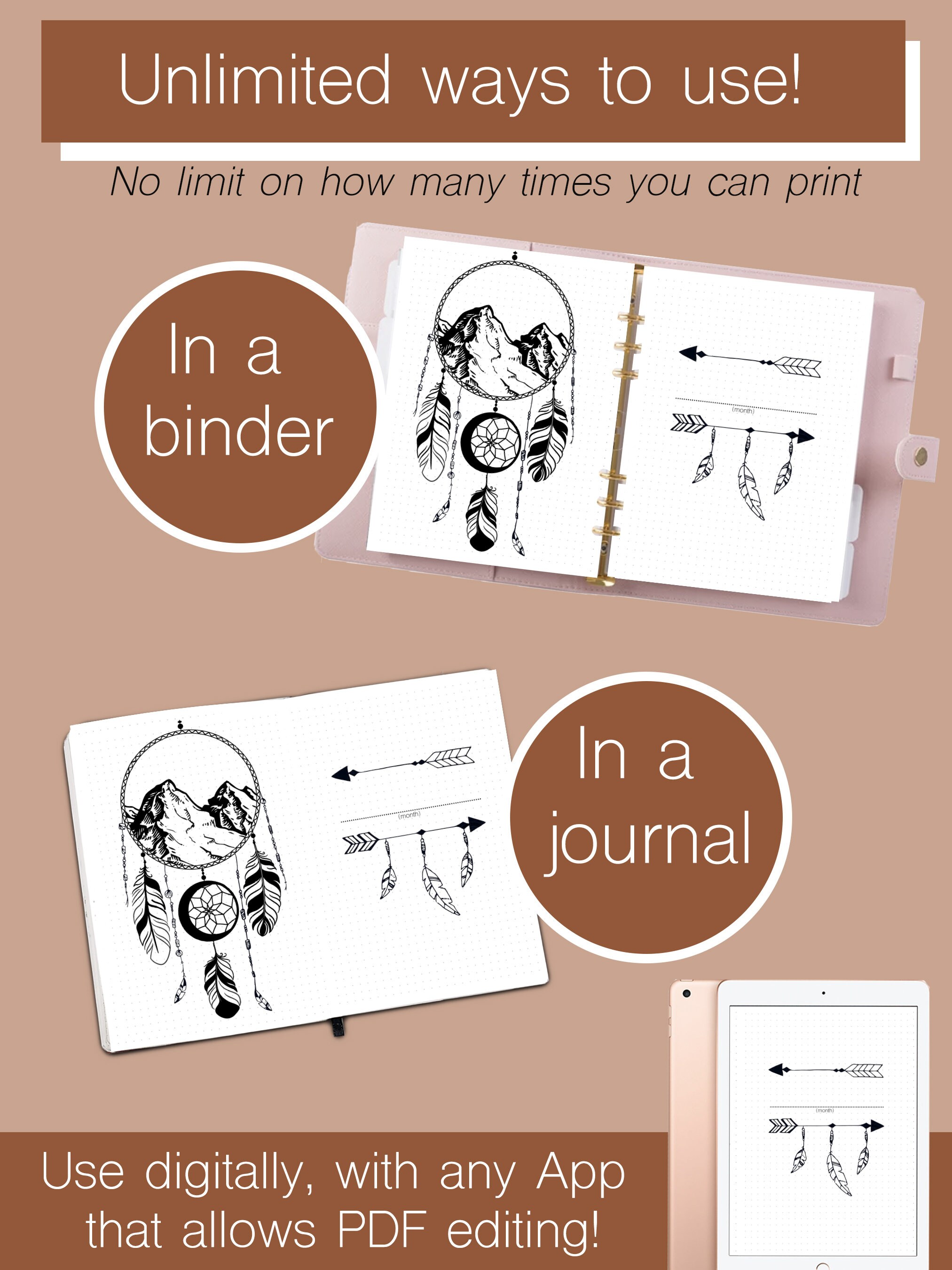 Bullet Point Journal Set, Boho Theme With Dream Catchers Feathers ...