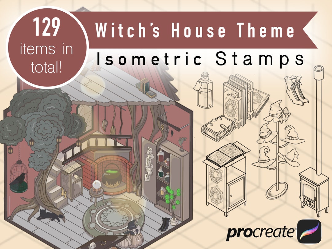 Isometric Procreate Stamps, Spooky Witch House Theme, Magic Wizard ...