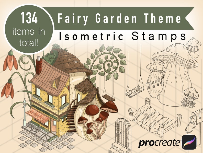 Isometric Procreate Stamps, Fairy House Theme, Magic Garden Brushes ...