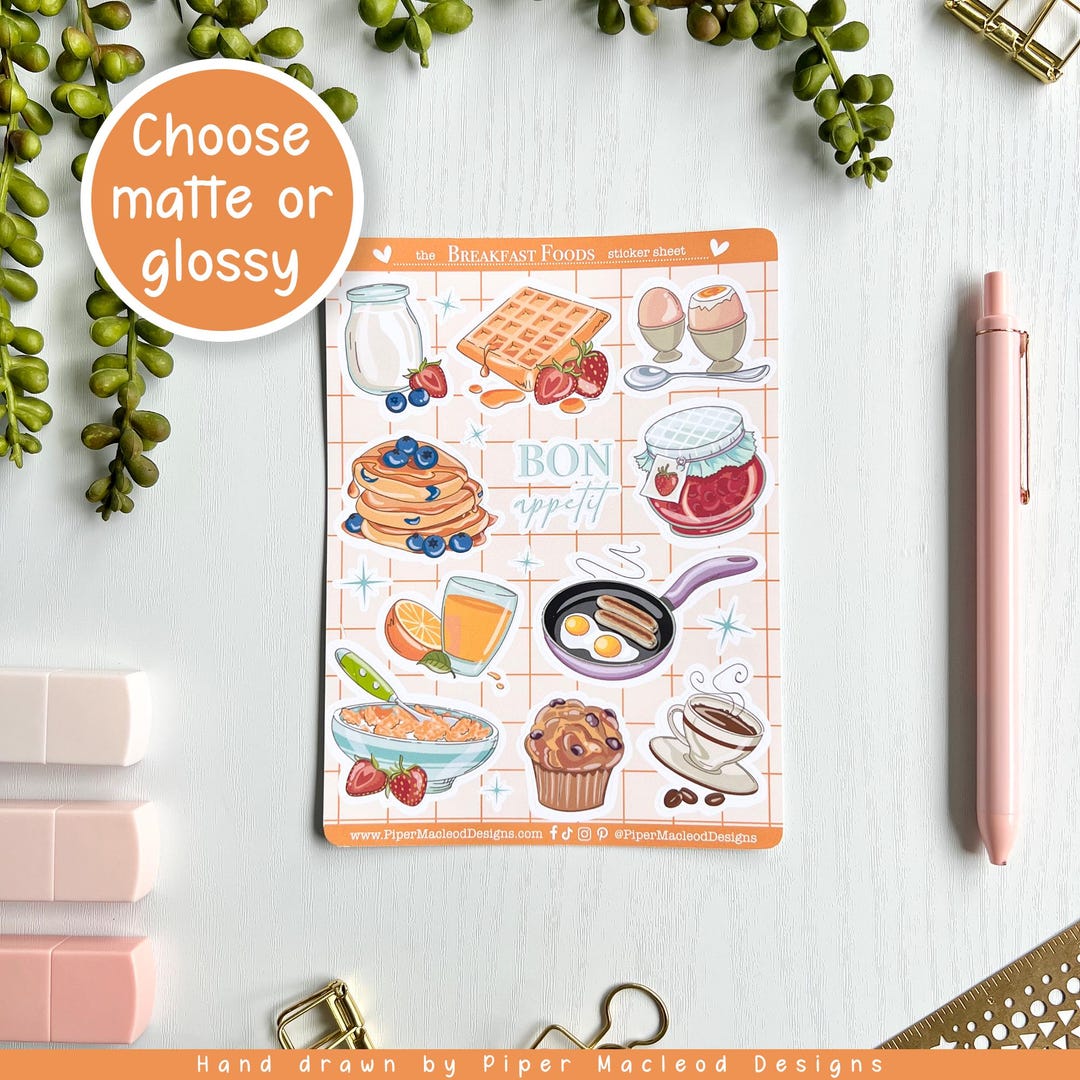 Breakfast Food Sticker Sheet: Hand-drawn Vinyl Planner Stickers - Etsy