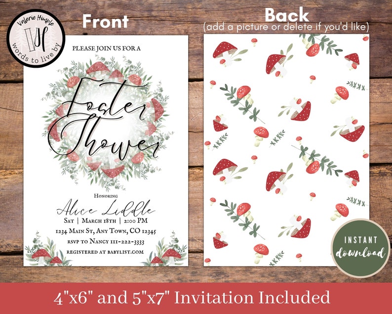 Red Mushroom and Greenery Wreath Foster Shower Invitation Canva ...