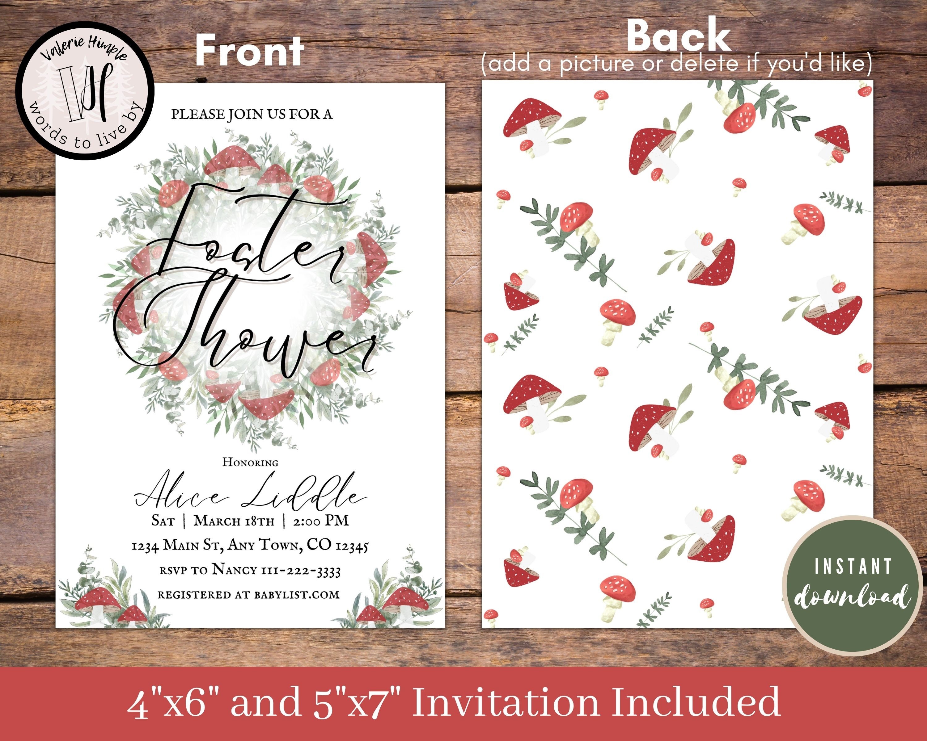 Red Mushroom and Greenery Wreath Foster Shower Invitation Canva ...