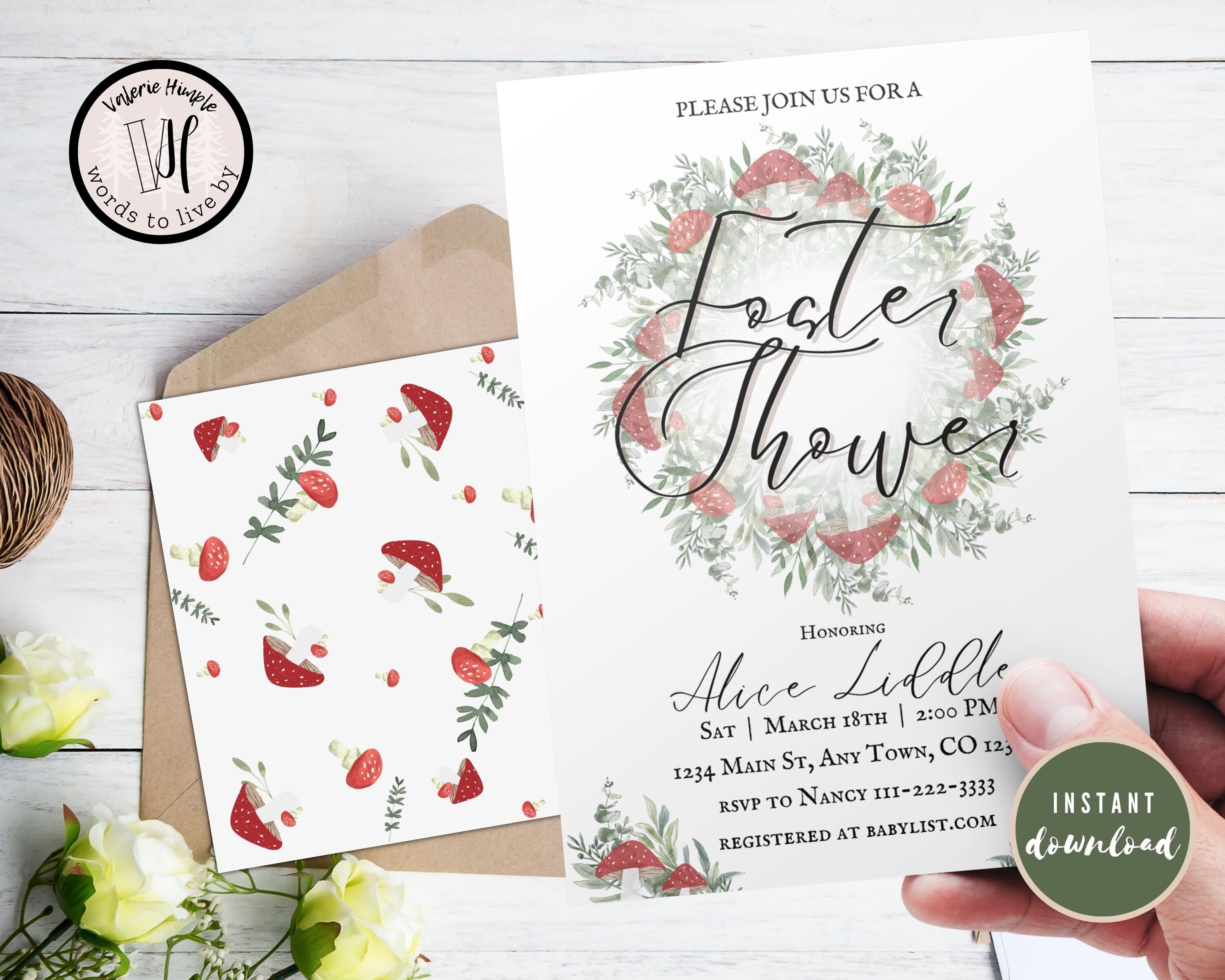 Red Mushroom and Greenery Wreath Foster Shower Invitation Canva ...