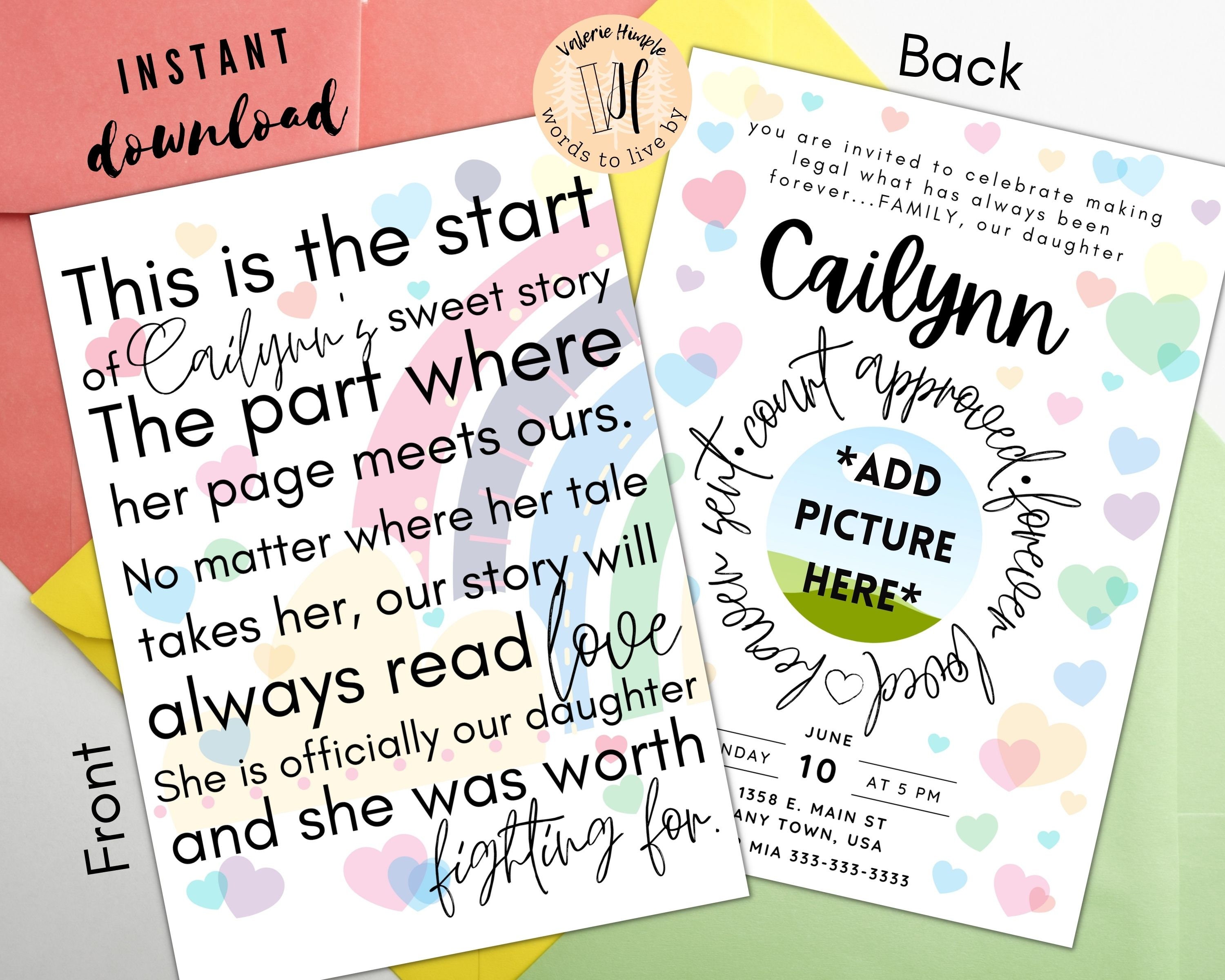 Rainbow Hearts Adoption Invitation Canva Editable Template - Multiple ...