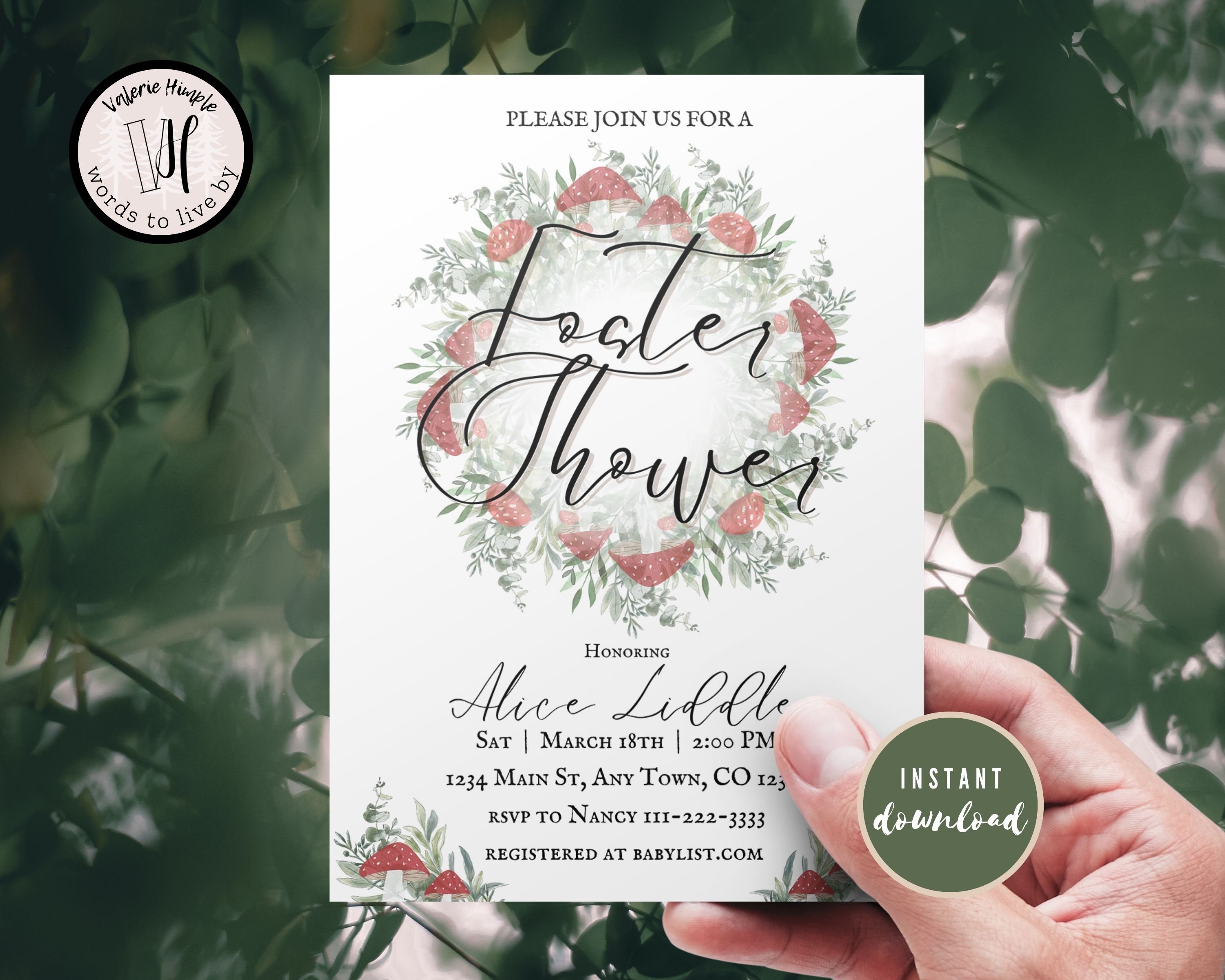 Red Mushroom and Greenery Wreath Foster Shower Invitation Canva ...