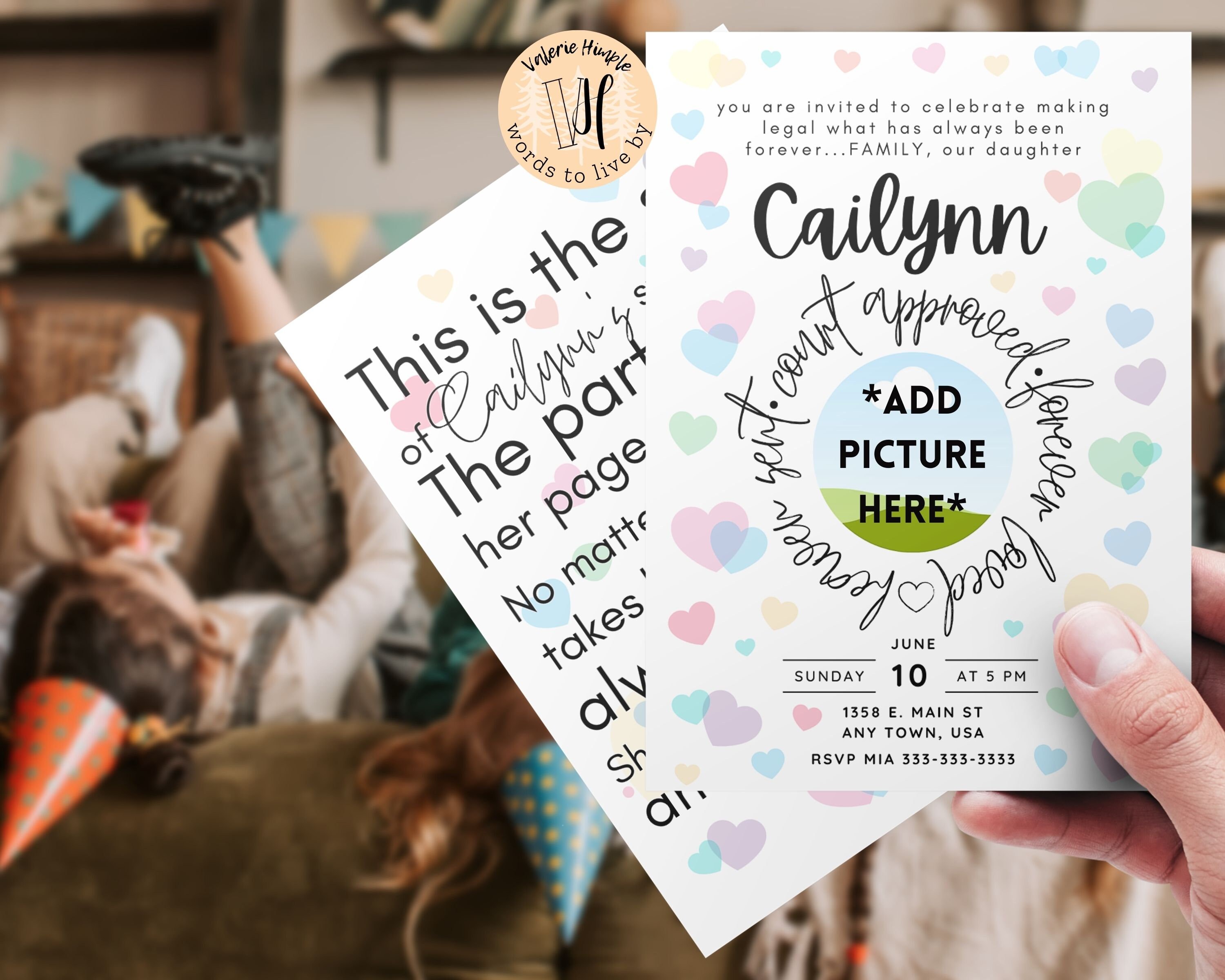 Rainbow Hearts Adoption Invitation Canva Editable Template - Multiple ...