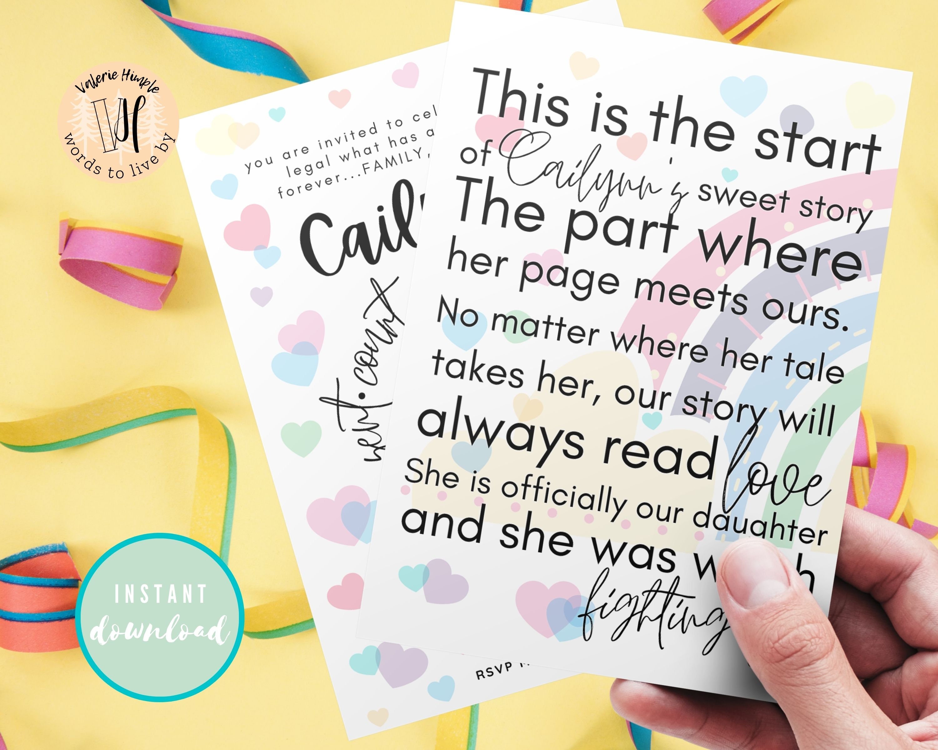 Rainbow Hearts Adoption Invitation Canva Editable Template - Multiple ...