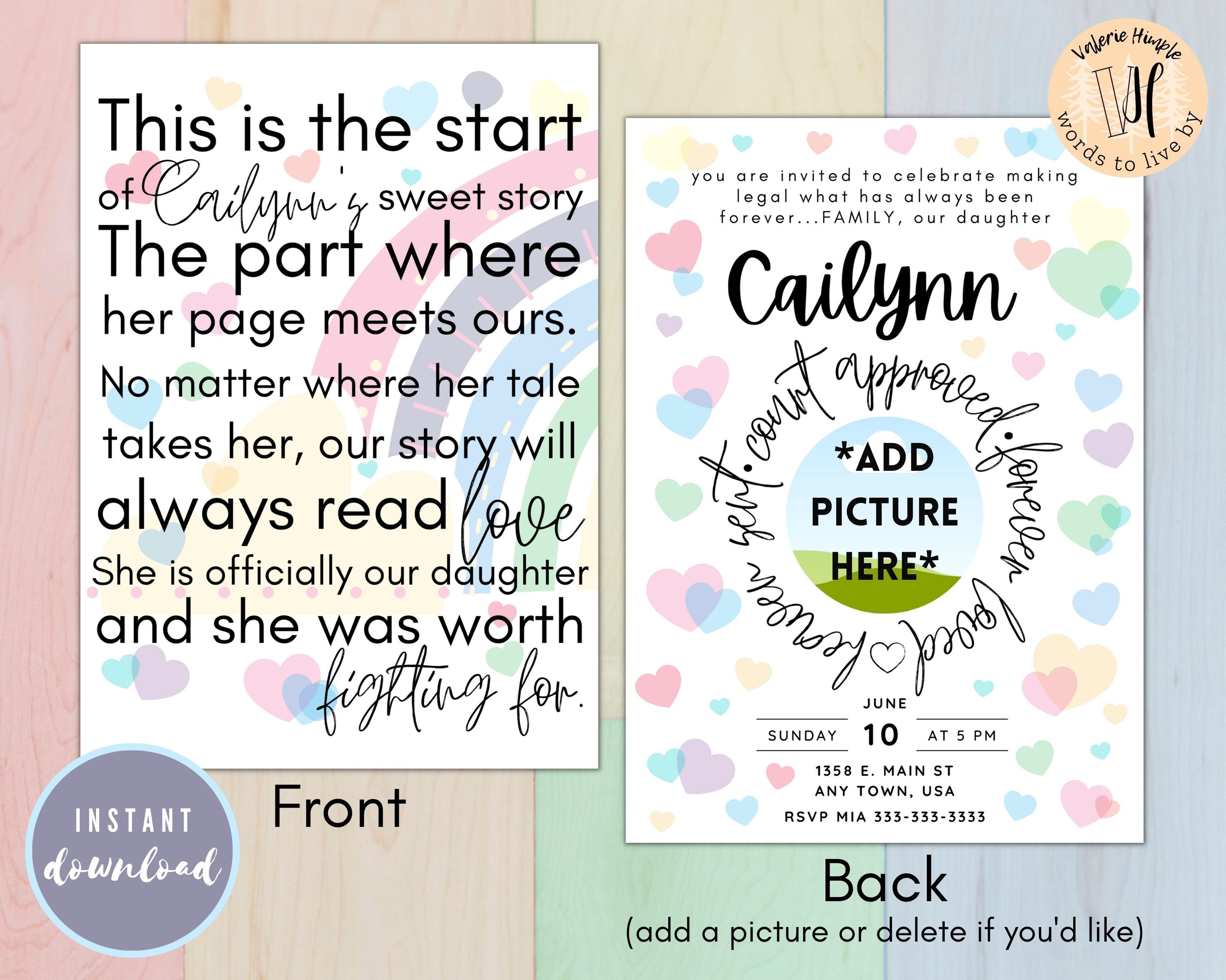 Rainbow Hearts Adoption Invitation Canva Editable Template - Multiple ...