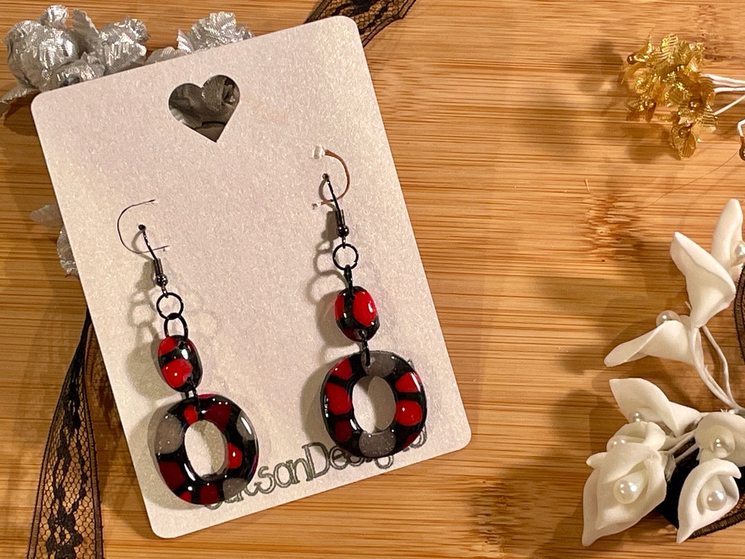 Blackredsilver Polymer Clay Loop Earrings - Etsy