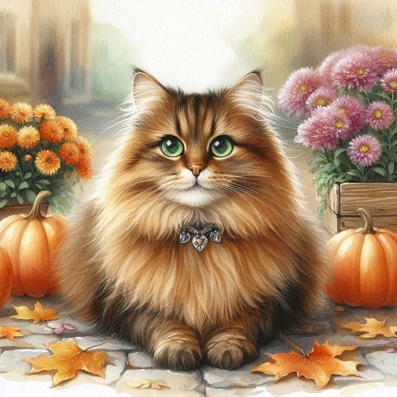 Watercolor Fall Cat Clipart: Brown Long Haired Cats (digital Download ...