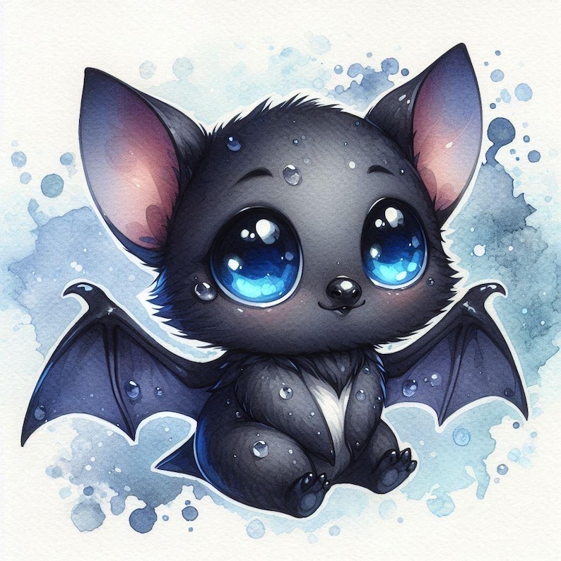 Digital - Cute Whimsical Blue Eyed Black Bats in Watercolors. Digital ...