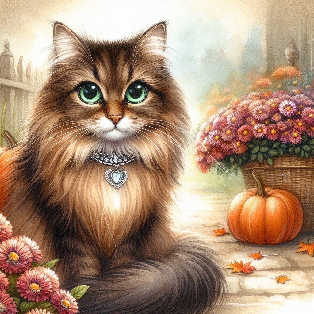 Watercolor Fall Cat Clipart: Brown Long Haired Cats (digital Download ...