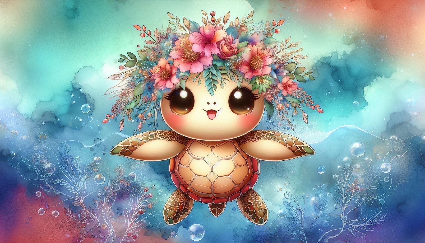 Digital - Hawaiian Green Sea Turtle Kawaii Style Wearing a Floral ...