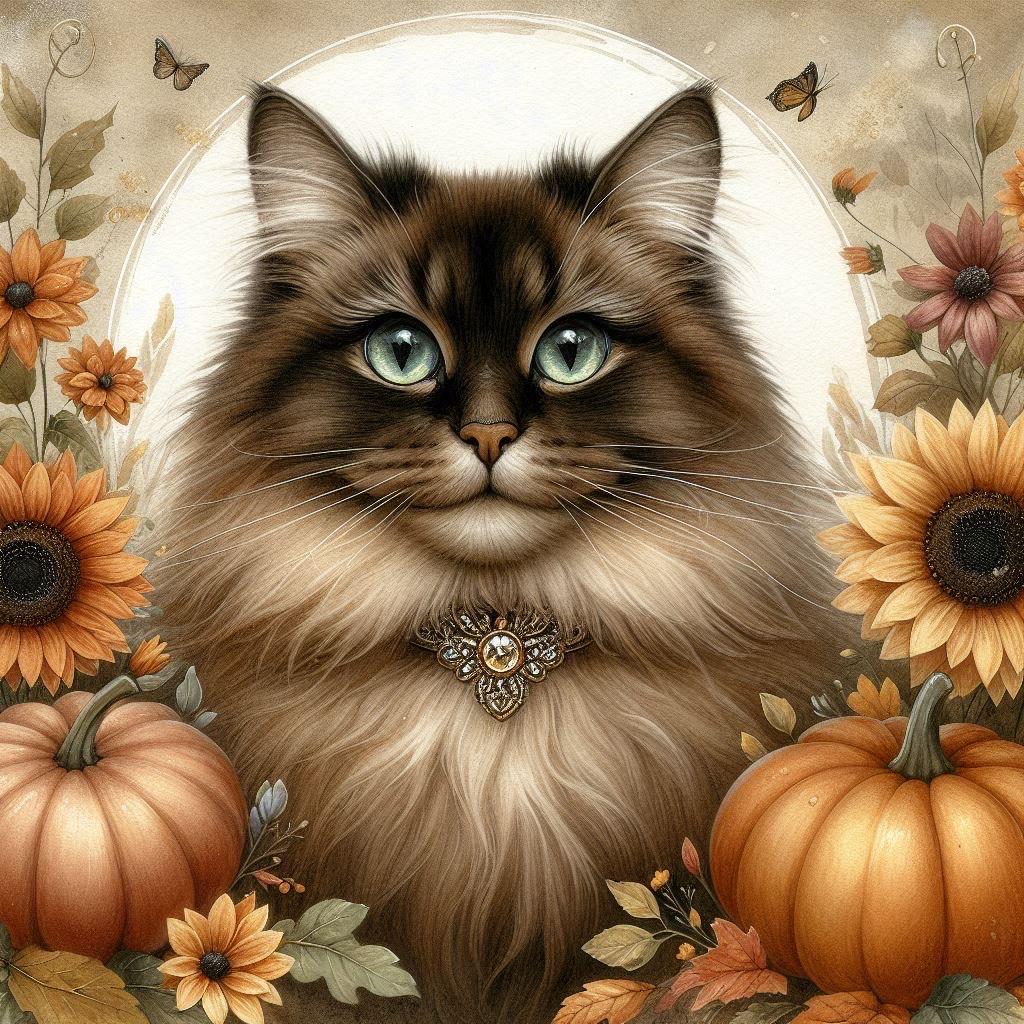 Watercolor Fall Cat Clipart: Brown Long Haired Cats (digital Download ...