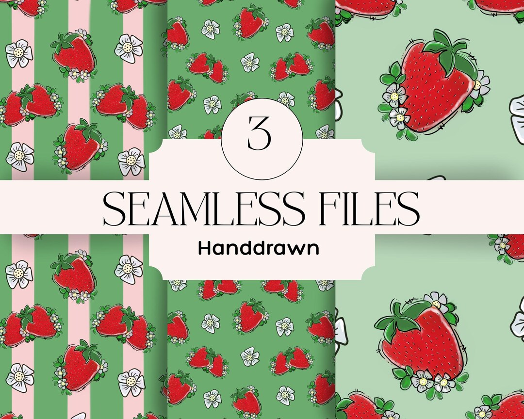 Strawberry Seamless Patterns Hand Drawn Digital Paper Greens - Etsy