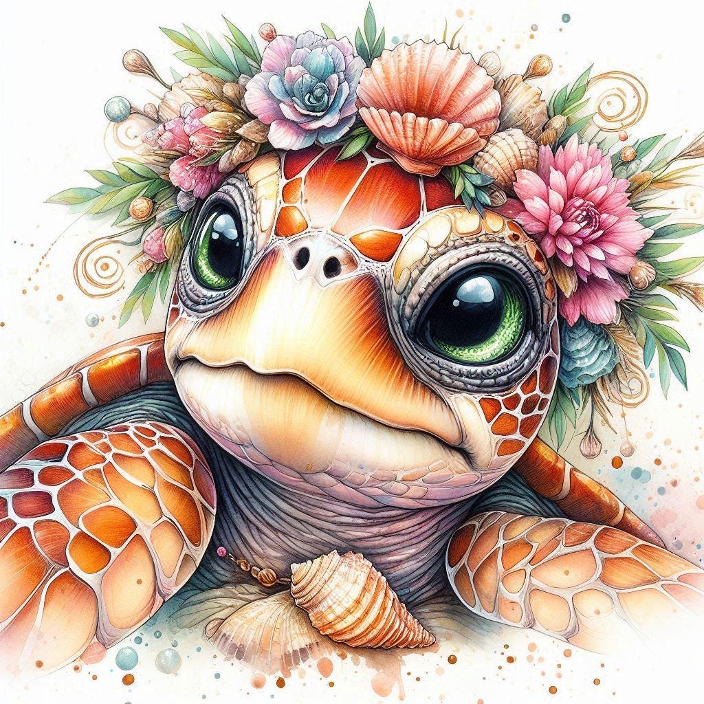 Digital - Hawaiian Green Sea Turtle Wearing a Floral Tropical Crown ...