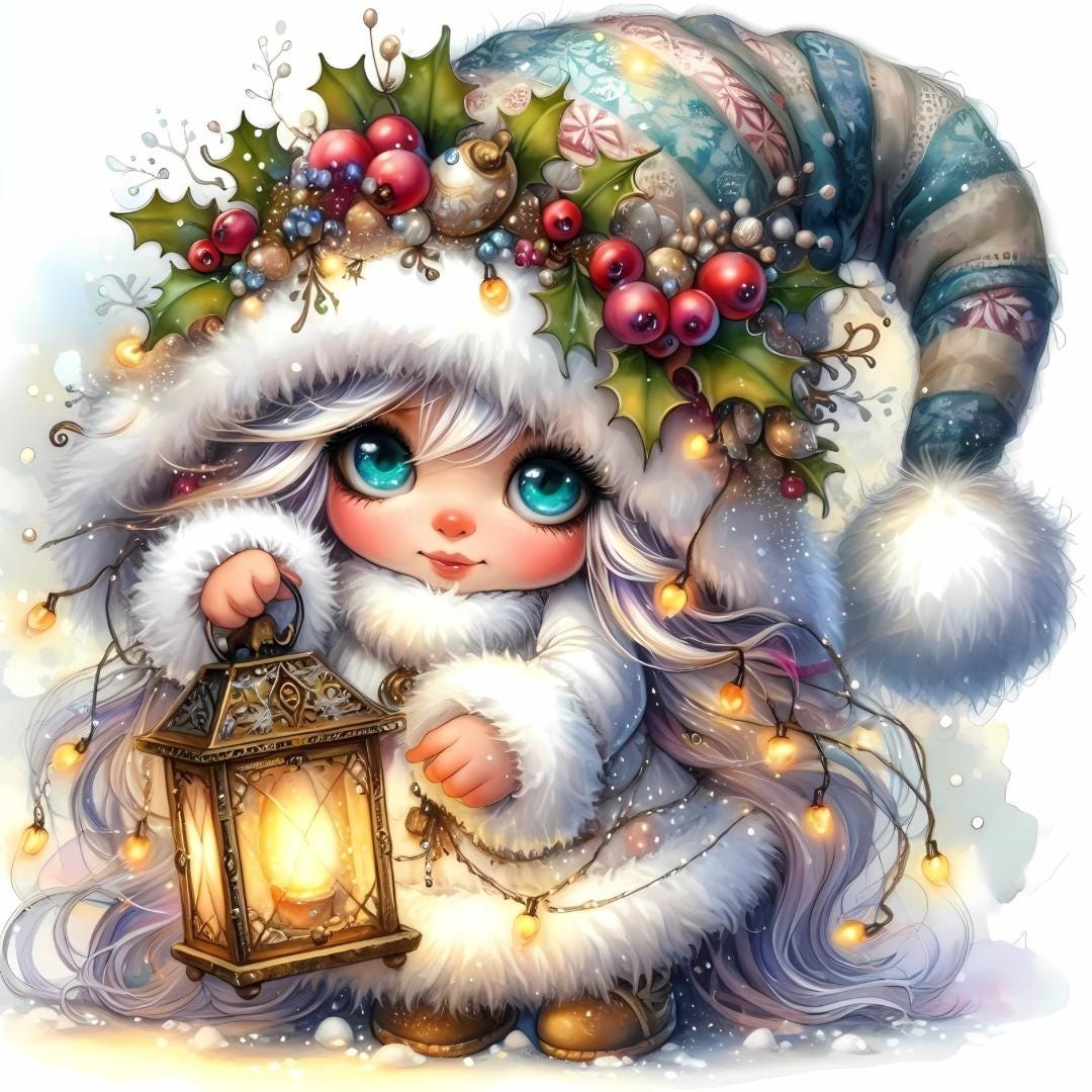 Digital - Beautiful Girl Christmas Gnomes With a Lantern and Festive ...