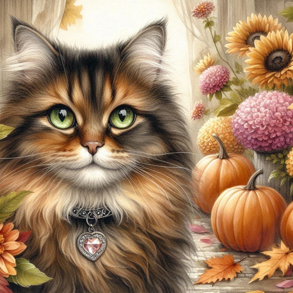 Watercolor Fall Cat Clipart: Brown Long Haired Cats (digital Download ...