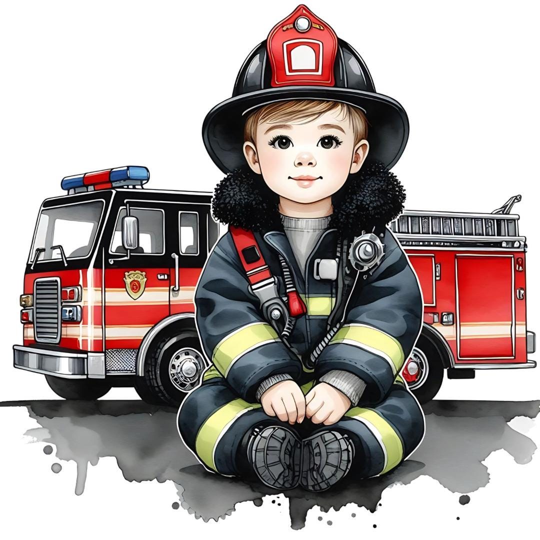 Digital - Young Boy Wearing a Firefighter Uniform in Watercolor Style ...
