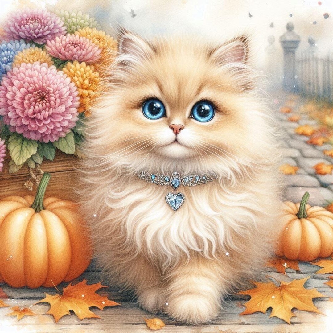 Digital - Cats, Yellow Long Haired Cats | Soft Watercolor Digital ...