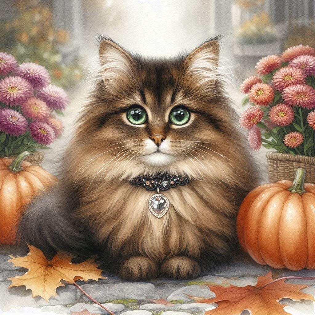 Watercolor Fall Cat Clipart: Brown Long Haired Cats (digital Download ...