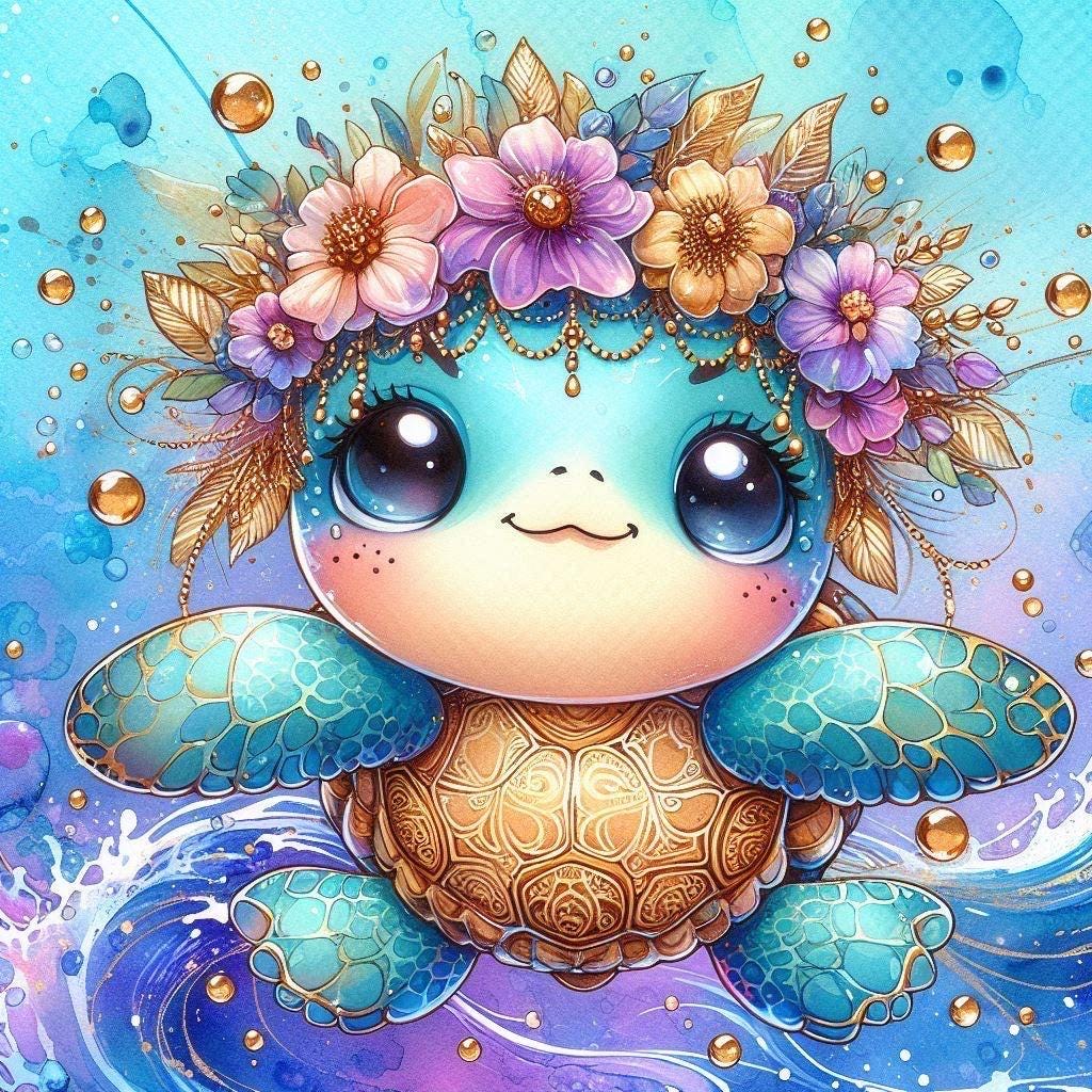 Digital - Hawaiian Green Sea Turtle Kawaii Style Wearing a Floral ...
