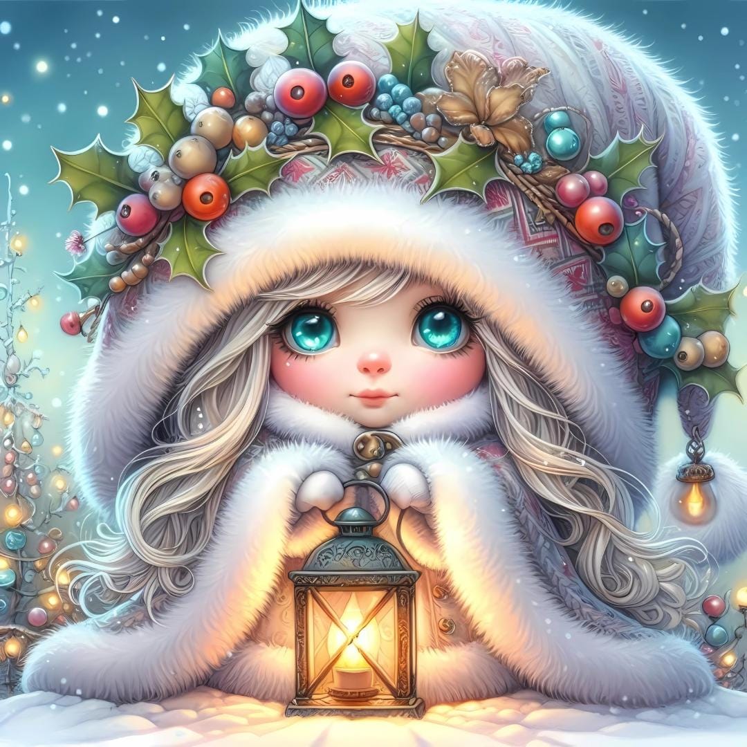 Digital - Beautiful Girl Christmas Gnomes With a Lantern and Festive ...