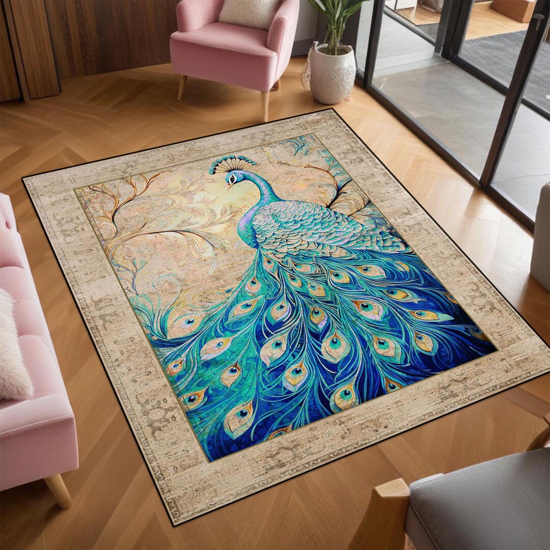 Peacock Rug, Peacock Classic Pattern Rectangle Rug, Peacock Patterned ...