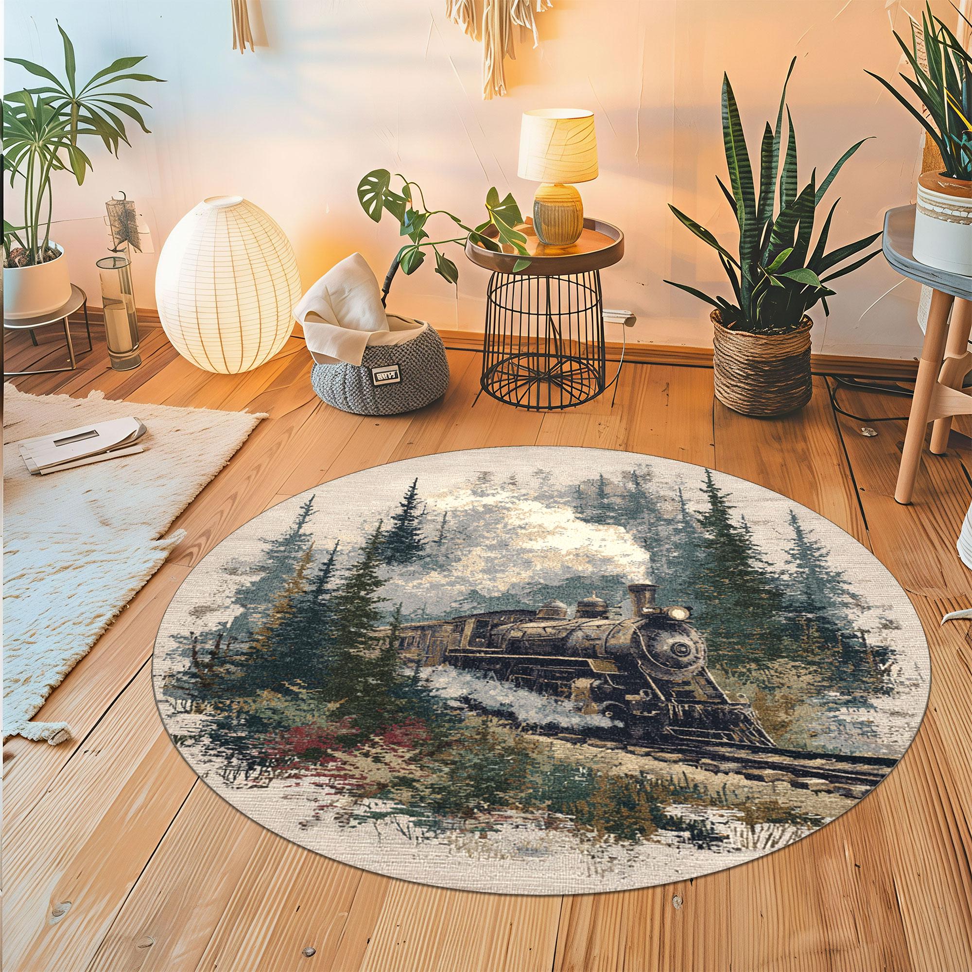 Vintage Train Round Rug, Steam Locomotive Landscape Carpet, Rustic ...